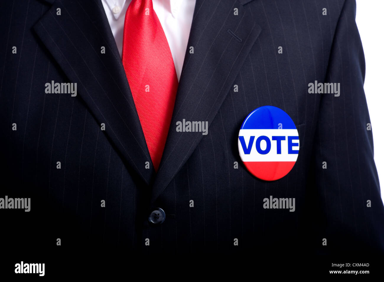 A "vote" button on a business man or politician with a blue suit and ...