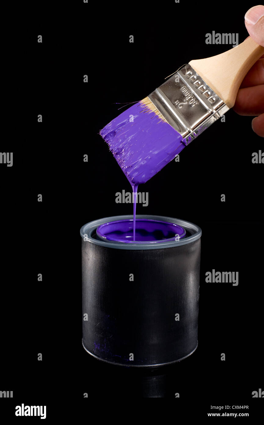 Colorful can of purple paint with a paint brush with dripping paint ...