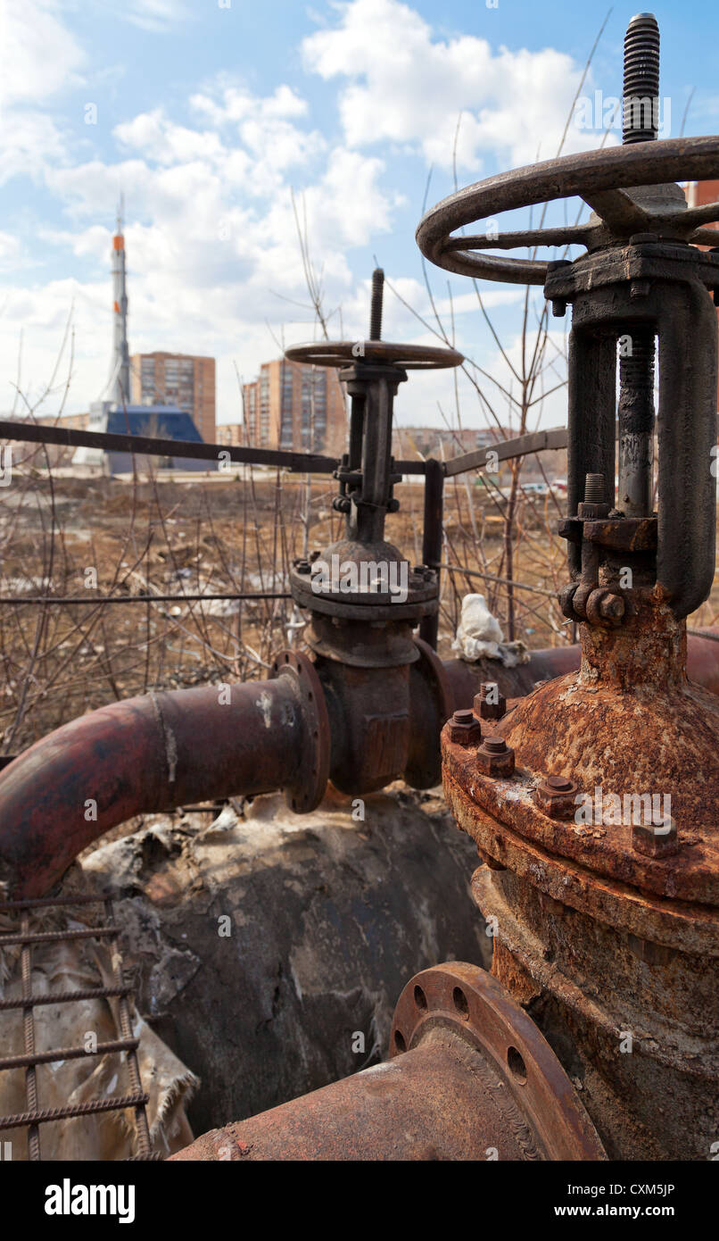 Old Pipeline over space transport rocket background Stock Photo - Alamy