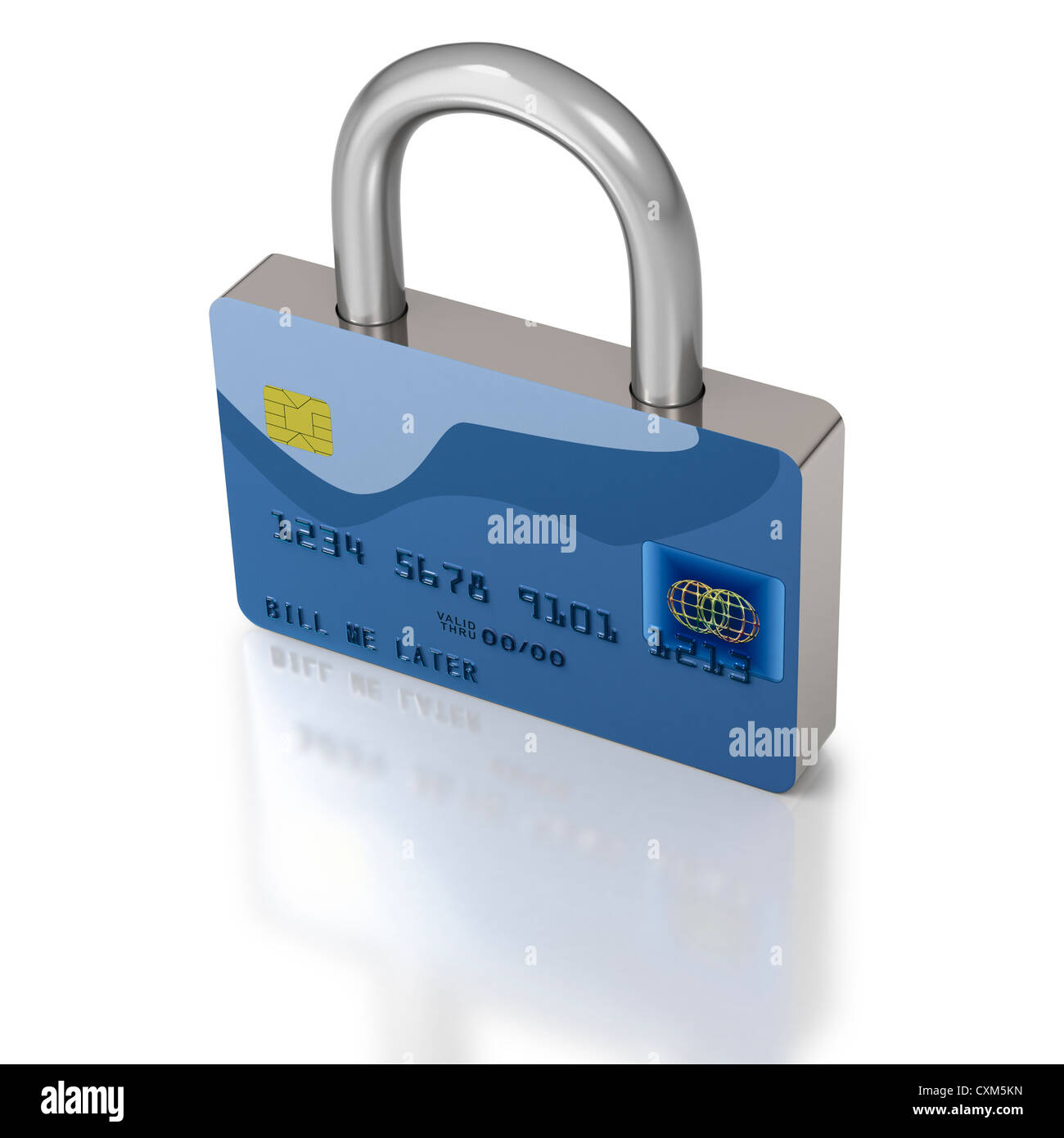Secure blue credit card represented as strong padlock on white ...
