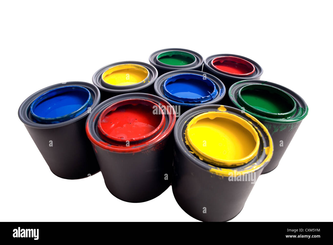 Colorful cans of paint on a white background forming a colorful ...