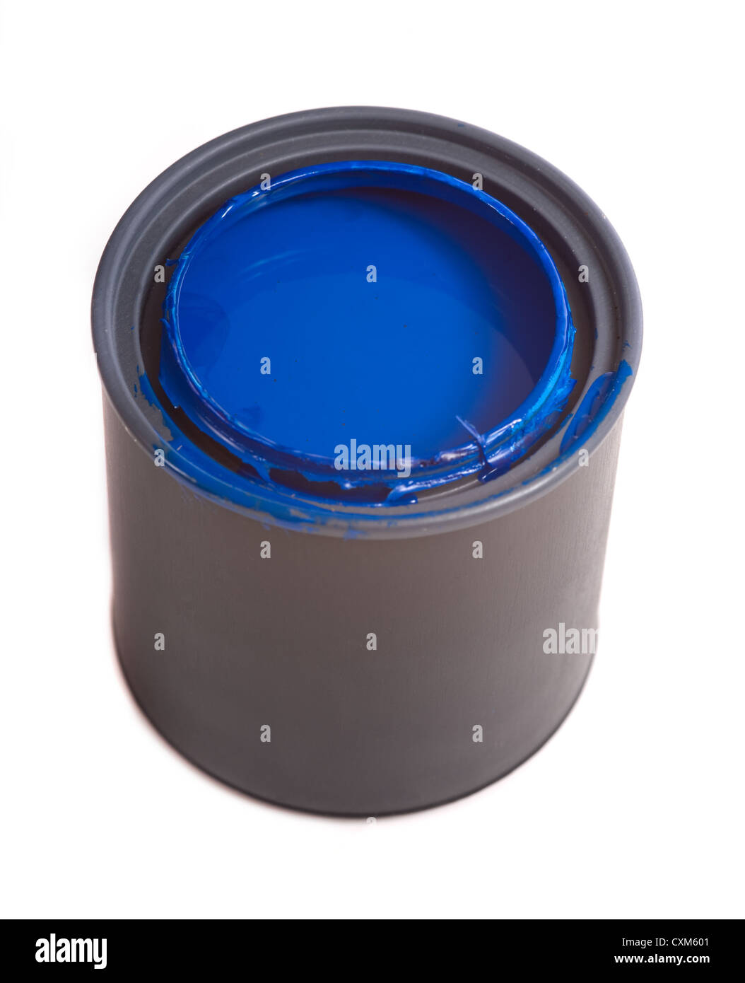 Colorful can of blue paint on a white background with space for copy ...