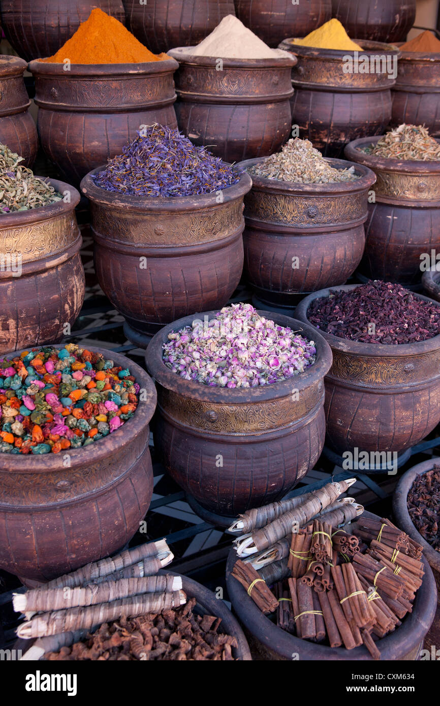 Ceramic pots with dried flowers, herbs and spices Marrakech, Morocco ...