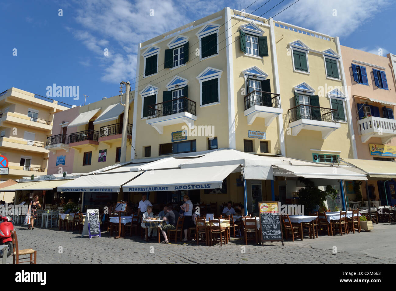 Restaurants on seafront, Chania, Chania Region, Crete, Crete Region ...