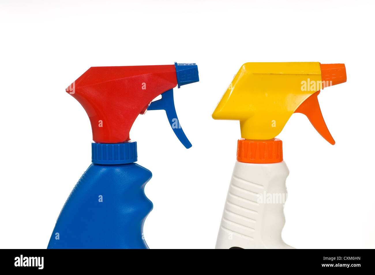 Multi color spray bottles on white background Stock Photo - Alamy