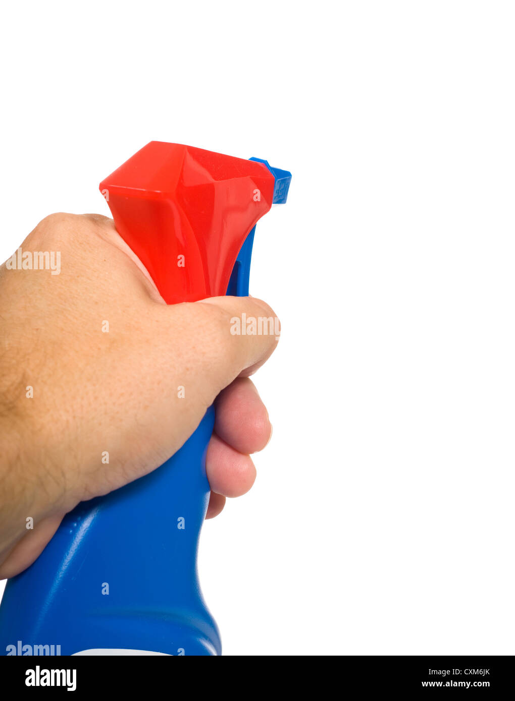 A hand holding a spray bottle on white background copy space Stock ...