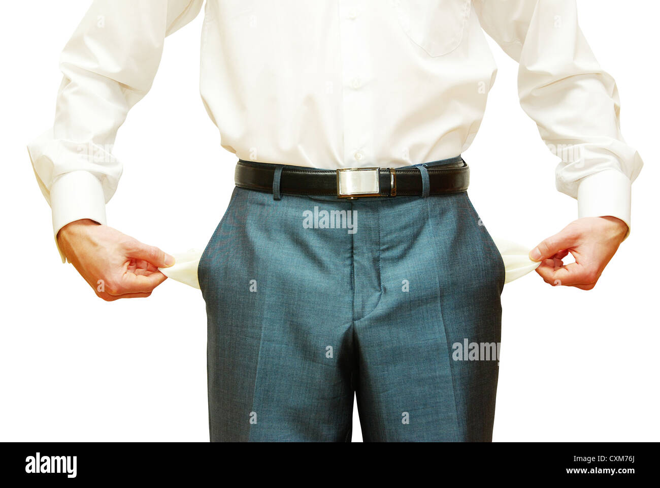 Businessman with empty pockets on white Stock Photo - Alamy