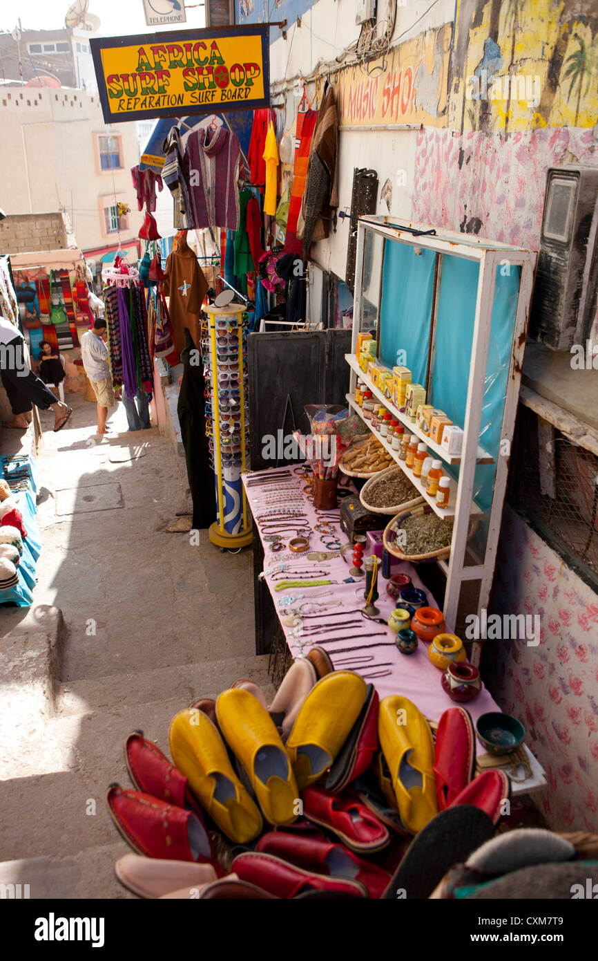 Street scene with shops displaying their merchandise outside, Taghazout ...