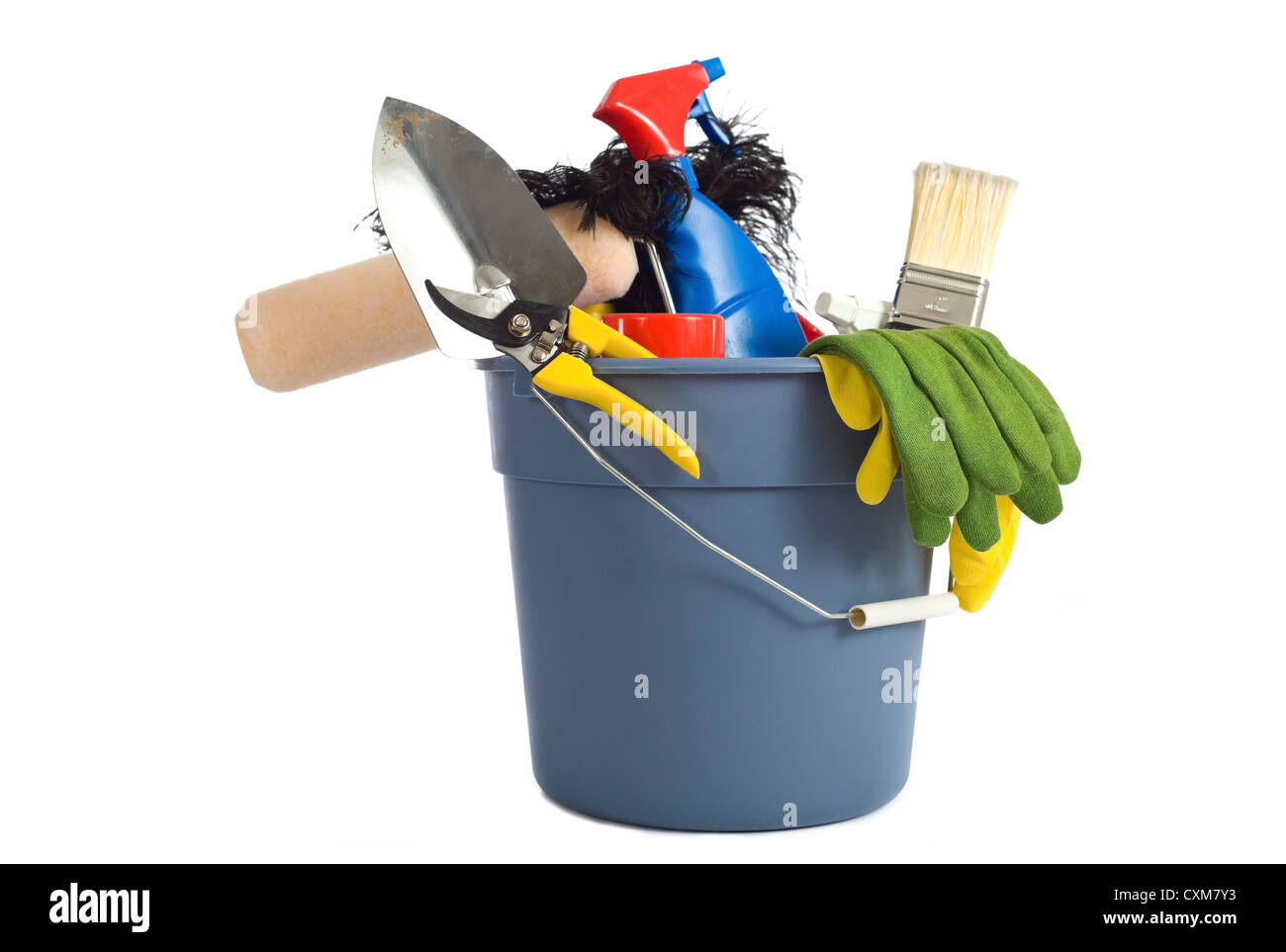 a variety of cleaning supplies and chemicals on a white background ...