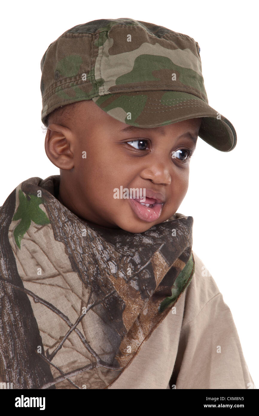 toddler wearing army clothes on white background Stock Photo - Alamy