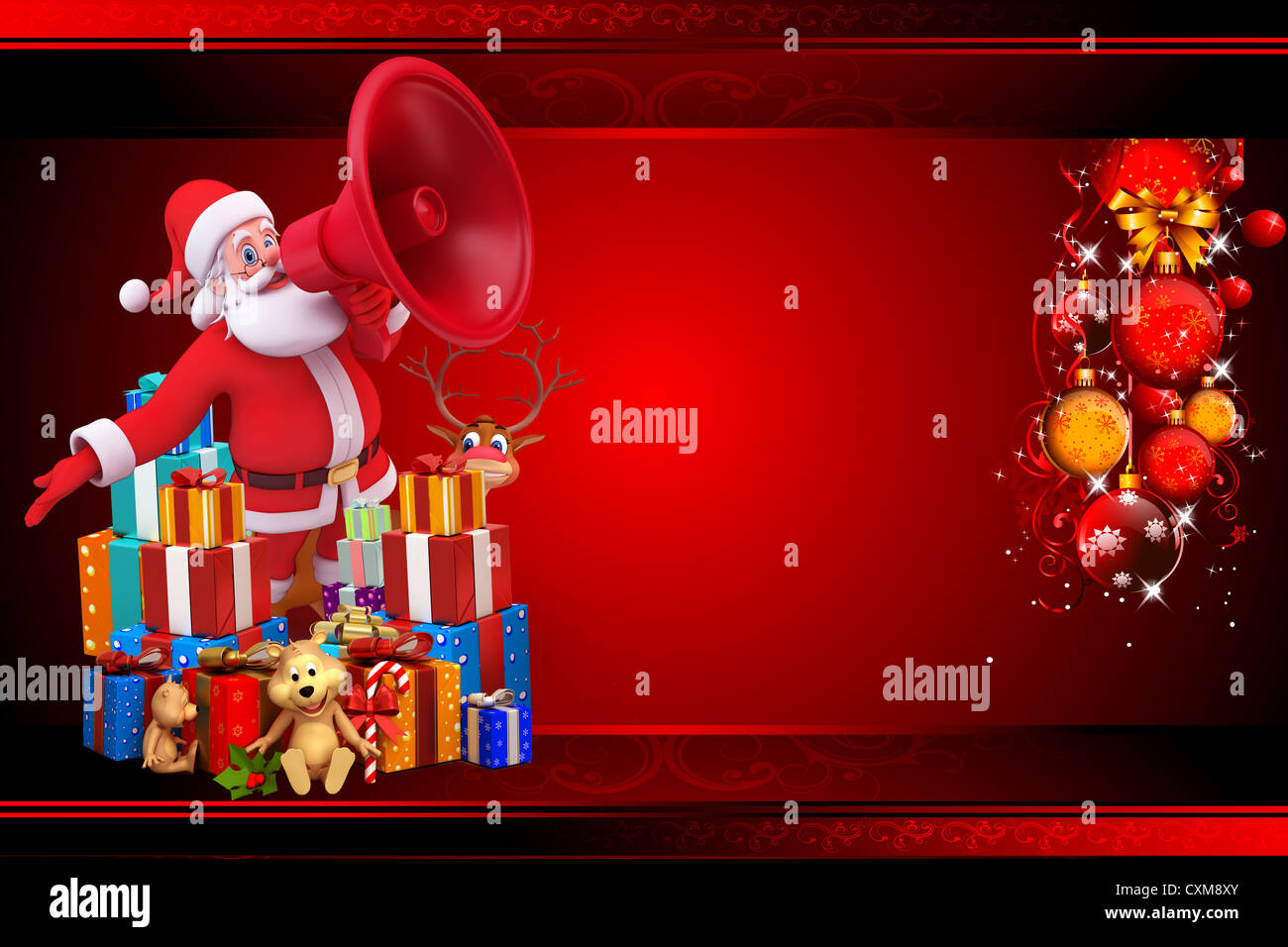santa claus on red color background with many gifts Stock Photo - Alamy