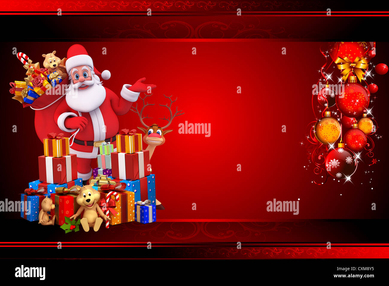 santa claus on red color background with many gifts Stock Photo - Alamy