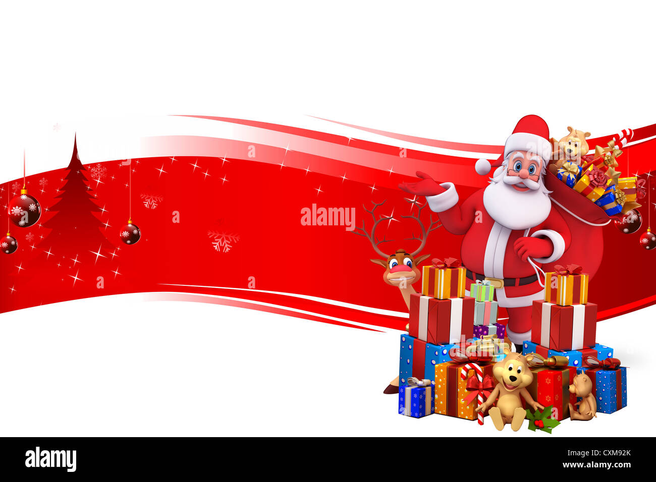 santa claus on red color background with many gifts Stock Photo - Alamy