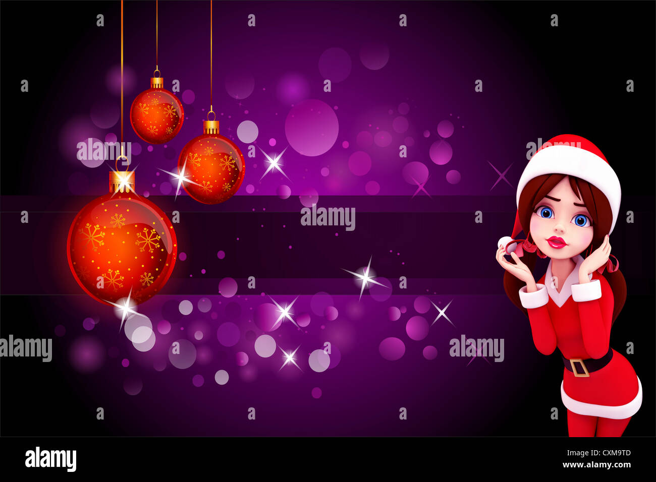 santa girl on purple background with christmas balls Stock Photo - Alamy