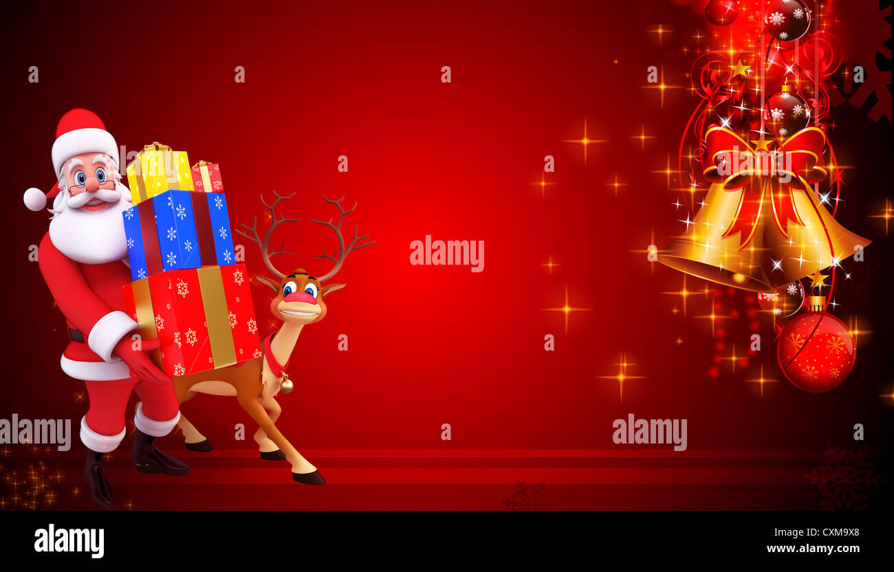 santa claus on red color background with many gifts Stock Photo - Alamy