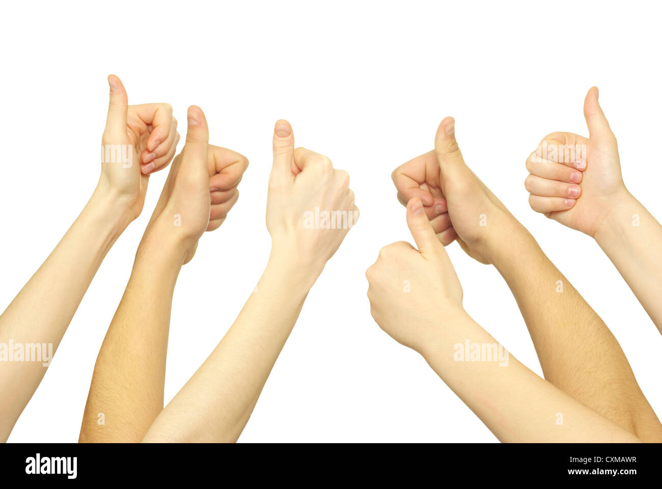Many hand lifted up on white background Stock Photo - Alamy