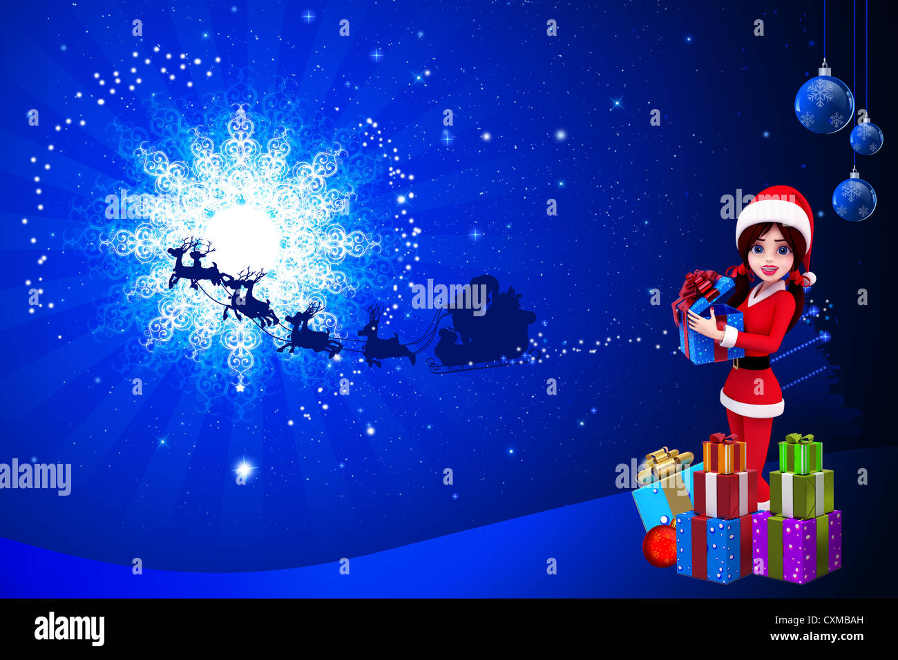 santa girl on blue background with moon Stock Photo - Alamy
