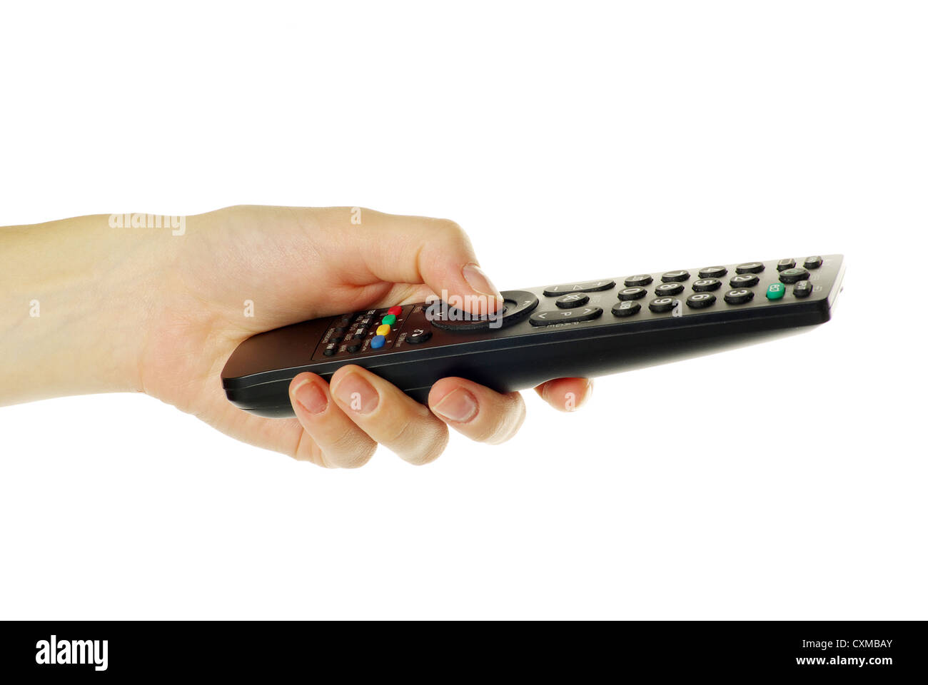 remote control in hand isolated on white background Stock Photo - Alamy