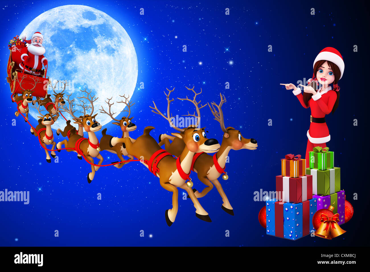 santa girl on blue background with moon Stock Photo - Alamy