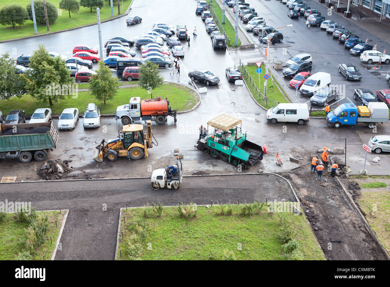 Laying new asphalt on the pedestrian part of St. Petersburg, Russia ...