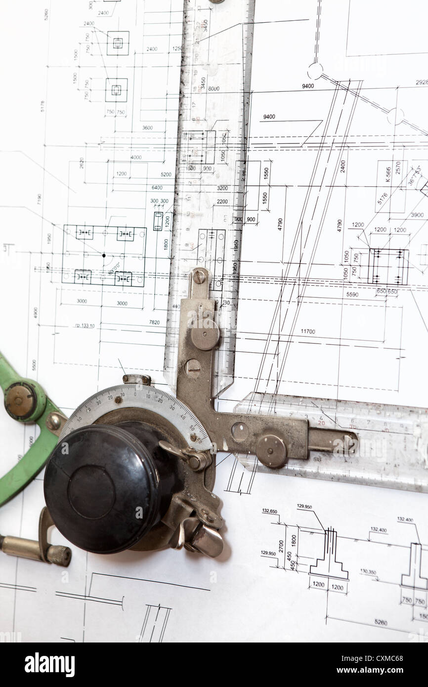 Ruler instrument of panel board on engineering blueprint. Close up ...