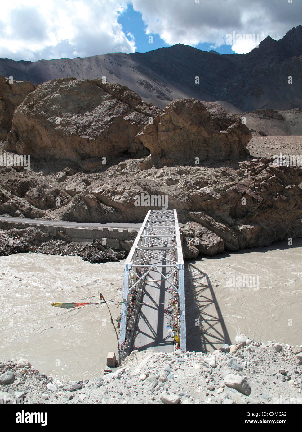 narrow bridge over indus river at alchi, jammu and kashmir, india Stock ...