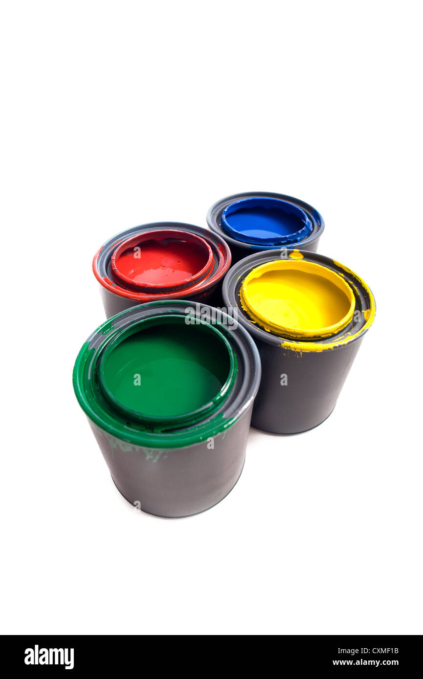 Colorful cans of paint on a white background forming a colorful ...