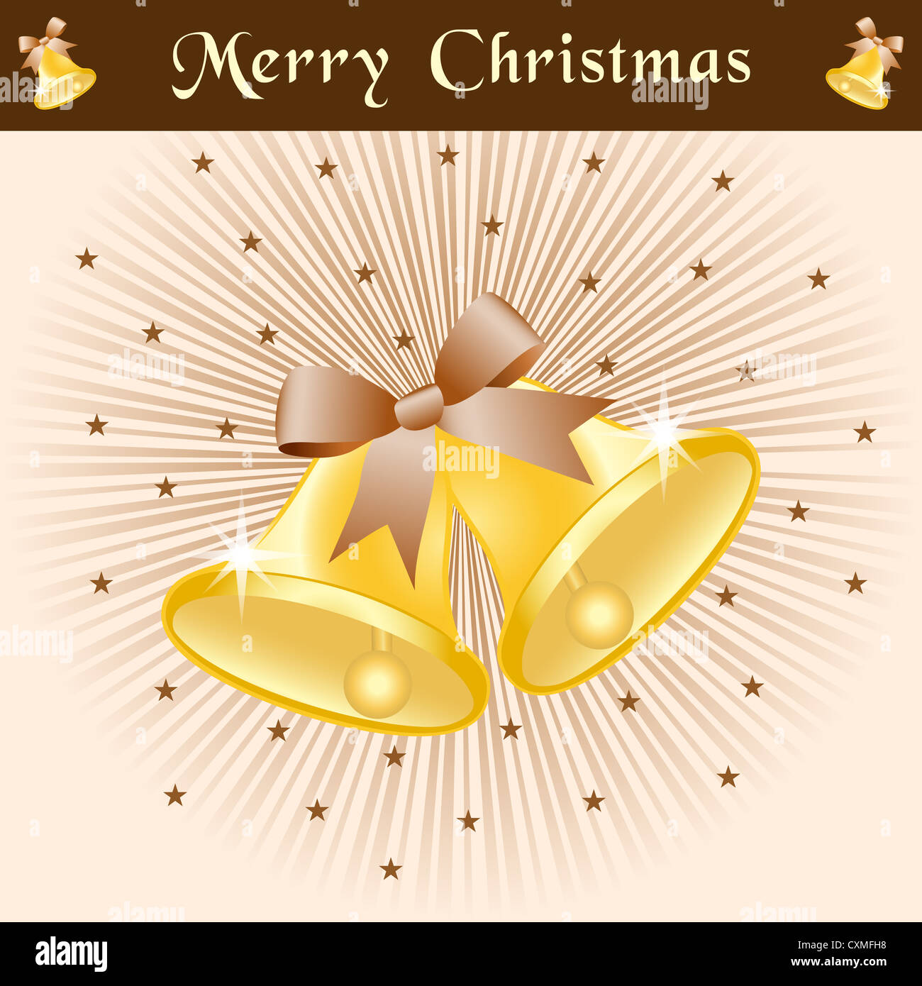 Christmas bells in gold with bows on a brown and beige sunburst ...