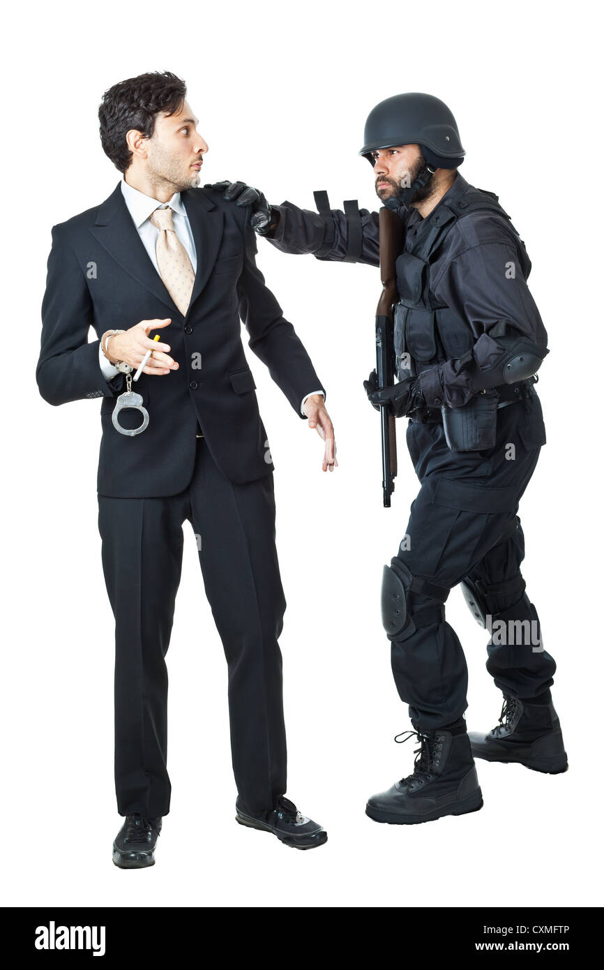 a corrupted businessman being arrested by a swat agent Stock Photo - Alamy