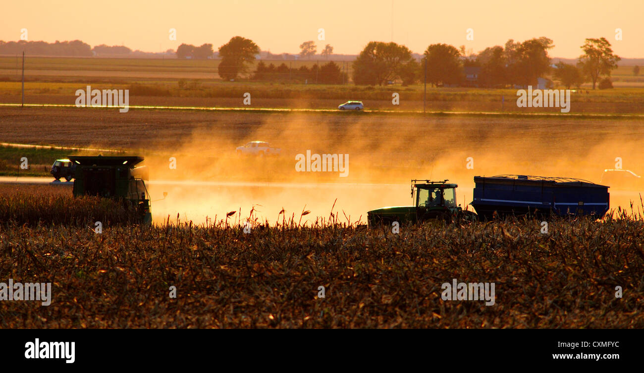Corn harvest at sunset Stock Photo - Alamy