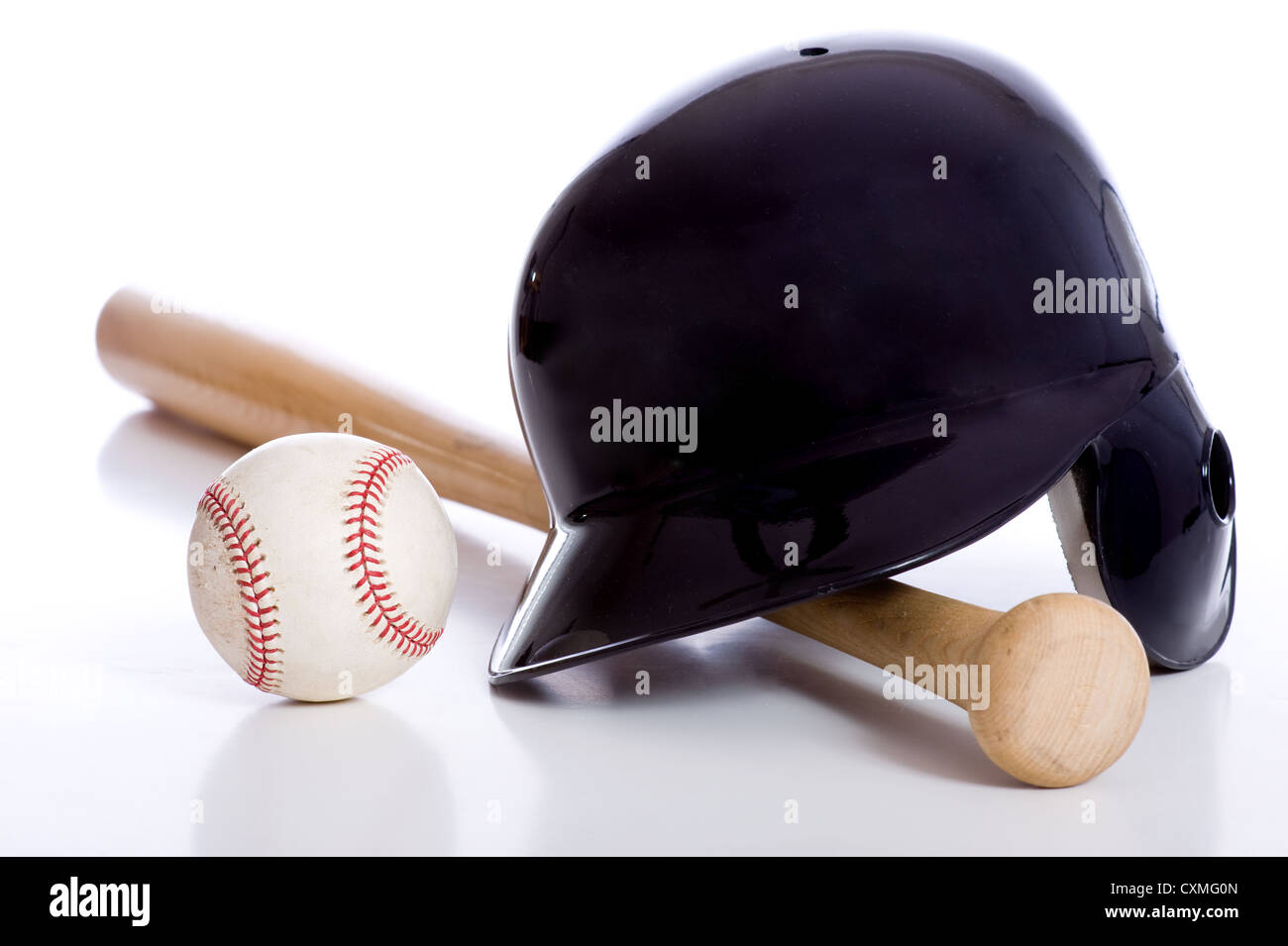 Baseball items on a white background including a batting helmet a ...