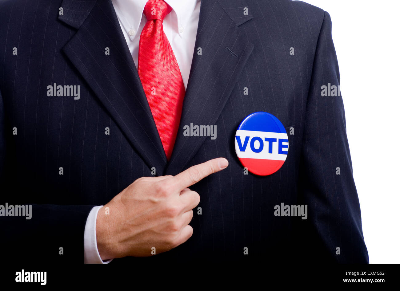 Business suit with with finger pointing at "Vote" button on lapel Stock ...