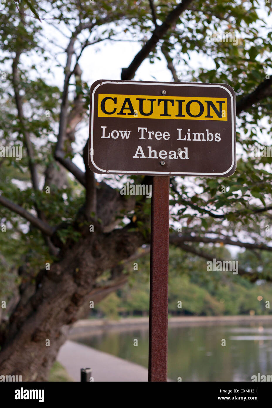 Low tree limbs caution sign Stock Photo - Alamy