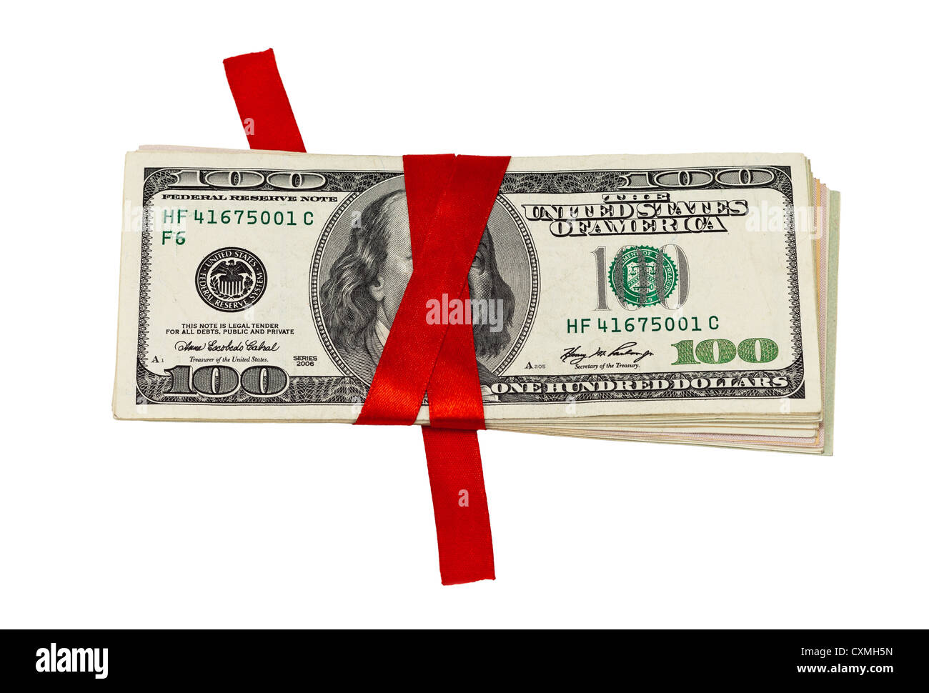 Stack of dollars tied up with red ribbon Stock Photo - Alamy