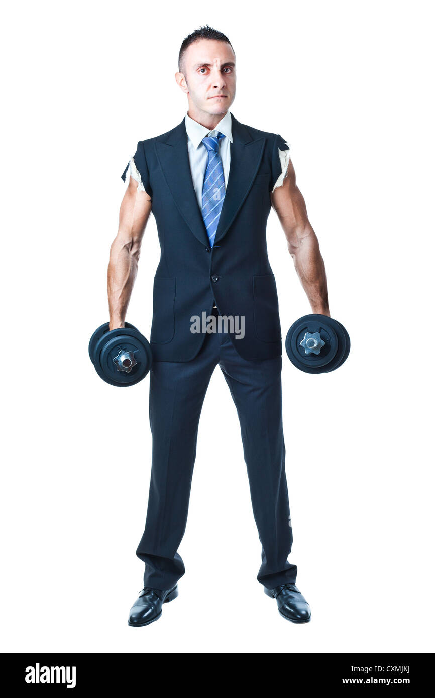 a very muscular businessman holding weights Stock Photo - Alamy