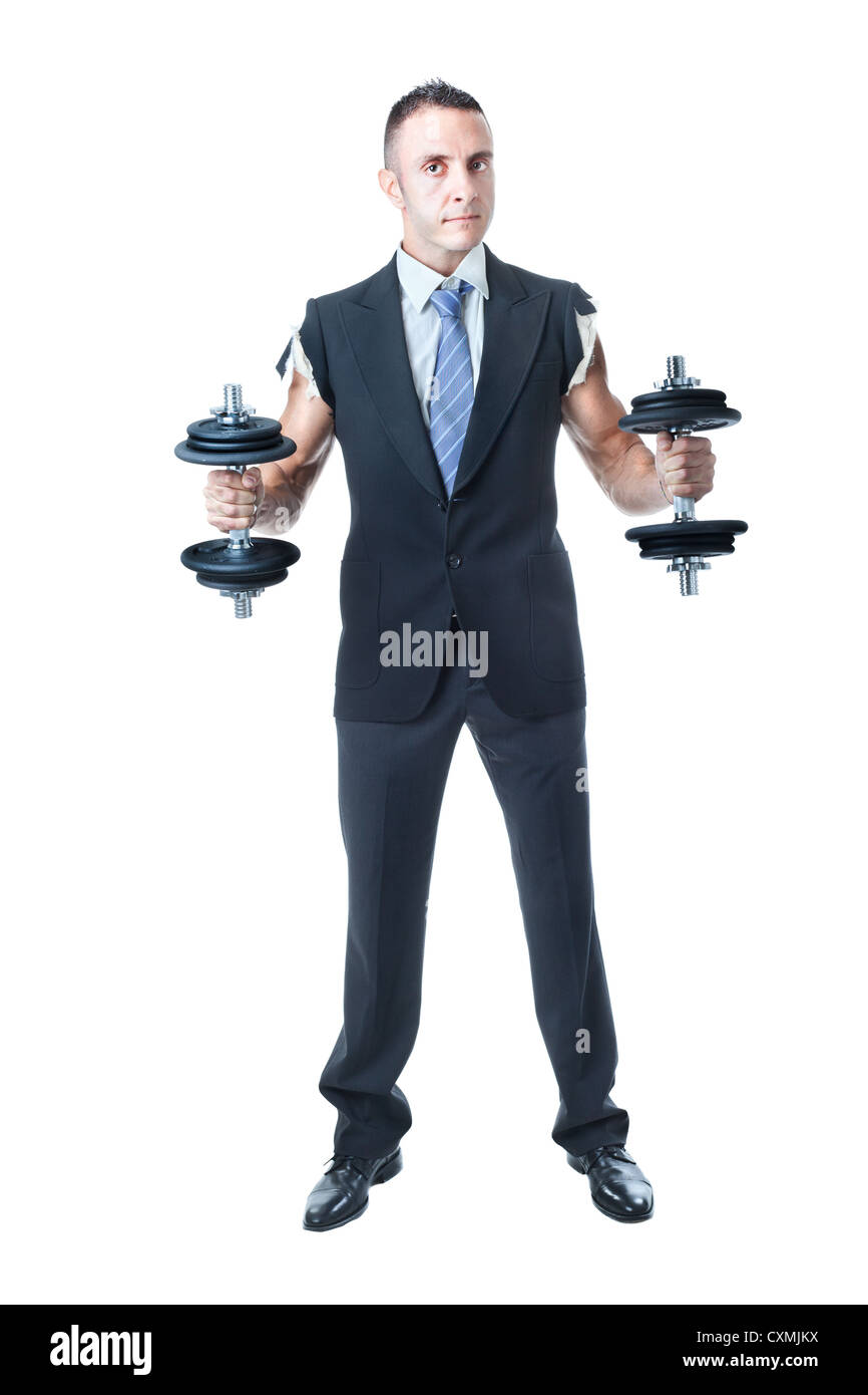 a very muscular businessman holding weights Stock Photo - Alamy