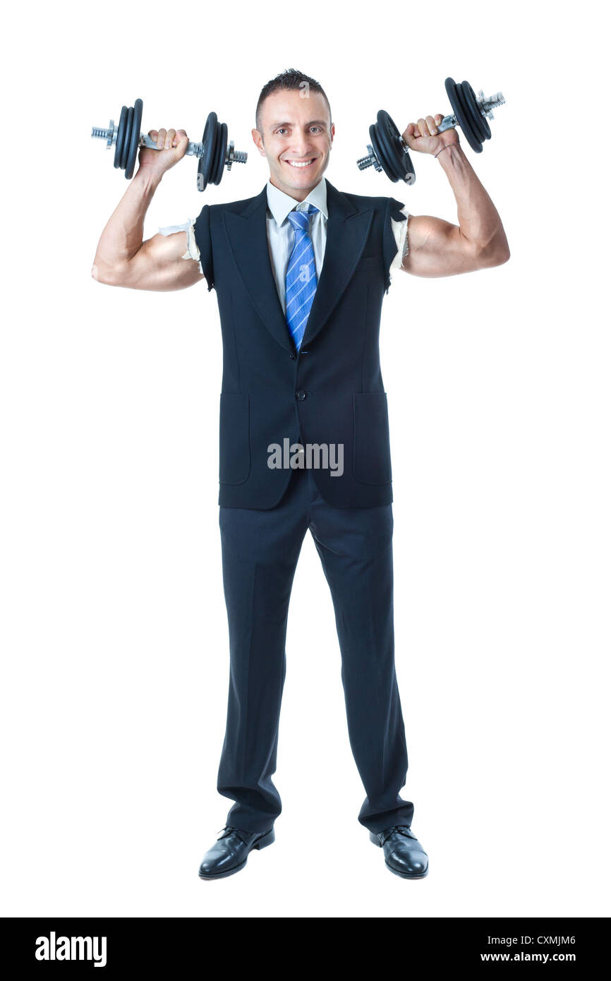 a very muscular businessman holding weights Stock Photo - Alamy