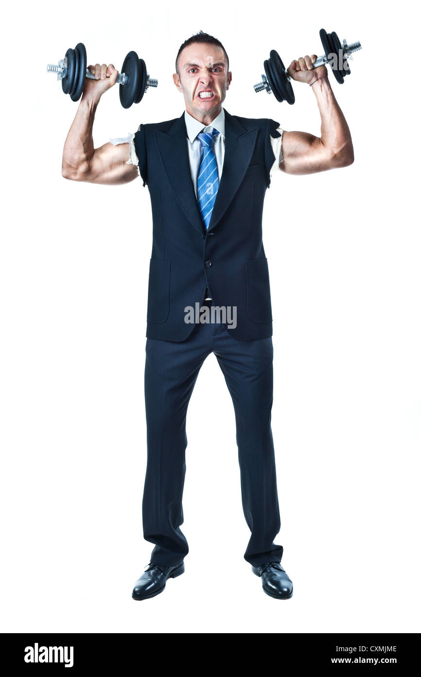 a very muscular businessman holding weights Stock Photo - Alamy
