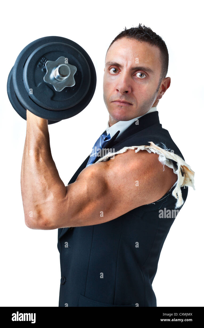 a very muscular businessman holding weights Stock Photo - Alamy