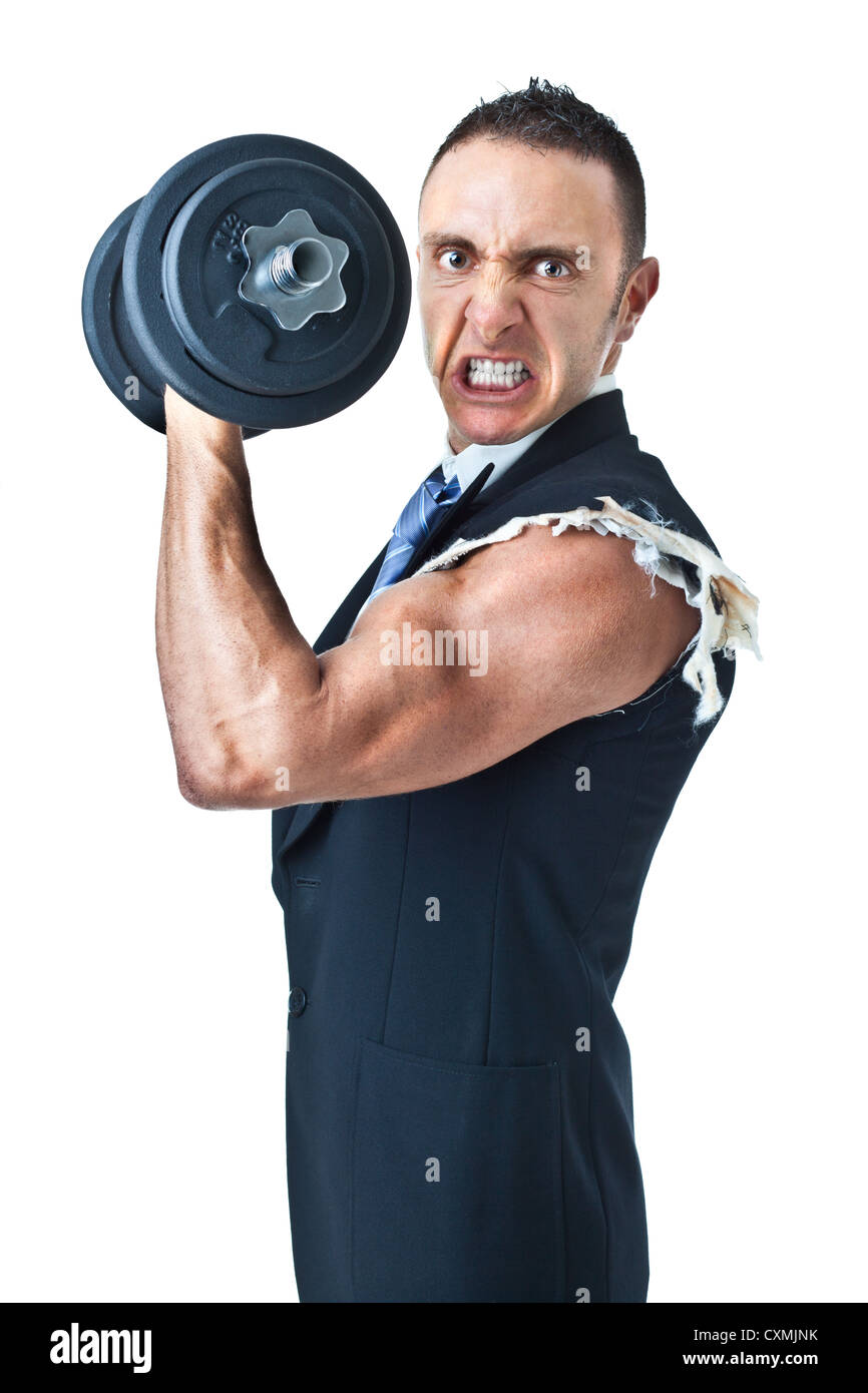 a very muscular businessman holding weights Stock Photo - Alamy