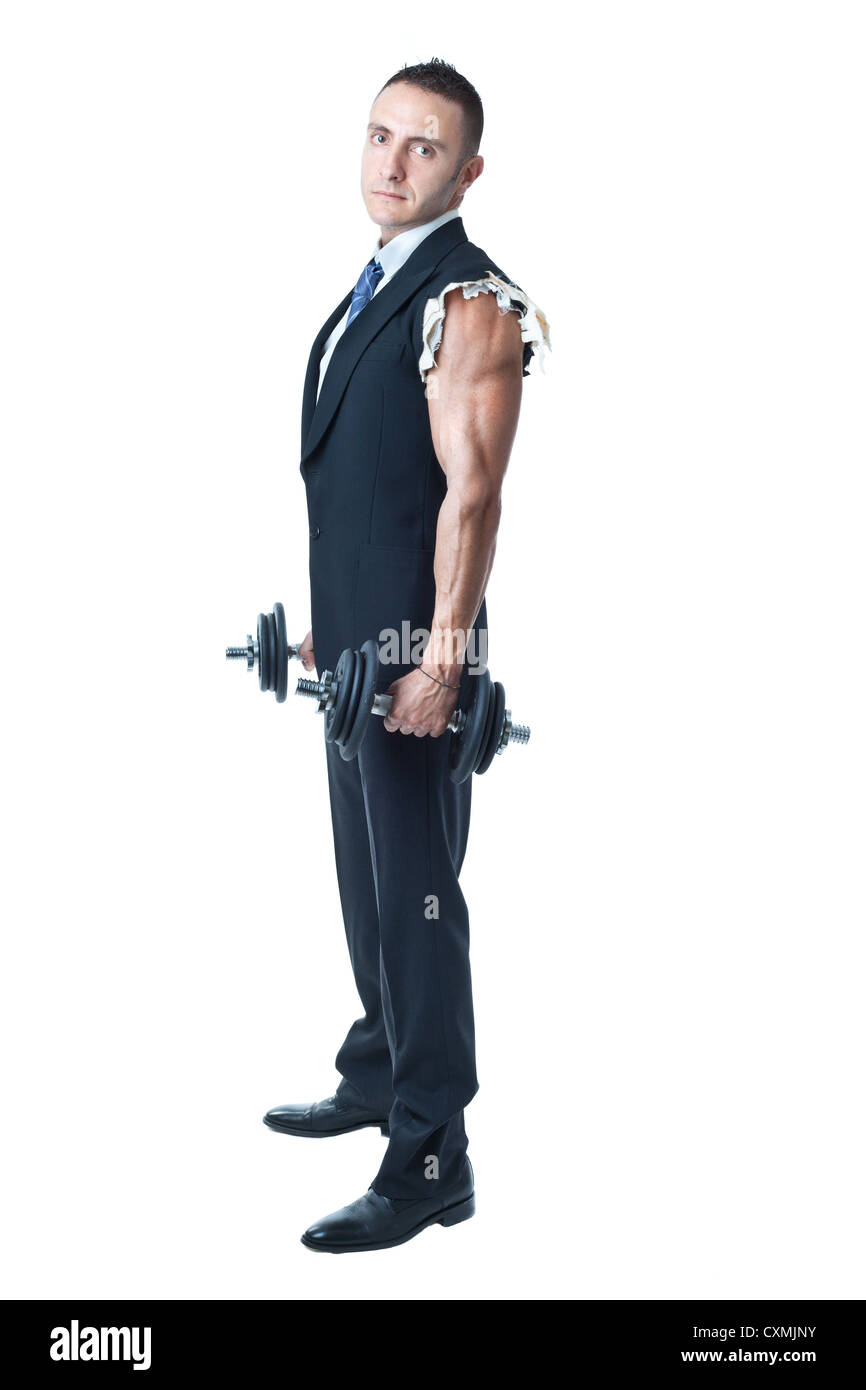 a very muscular businessman holding weights Stock Photo - Alamy