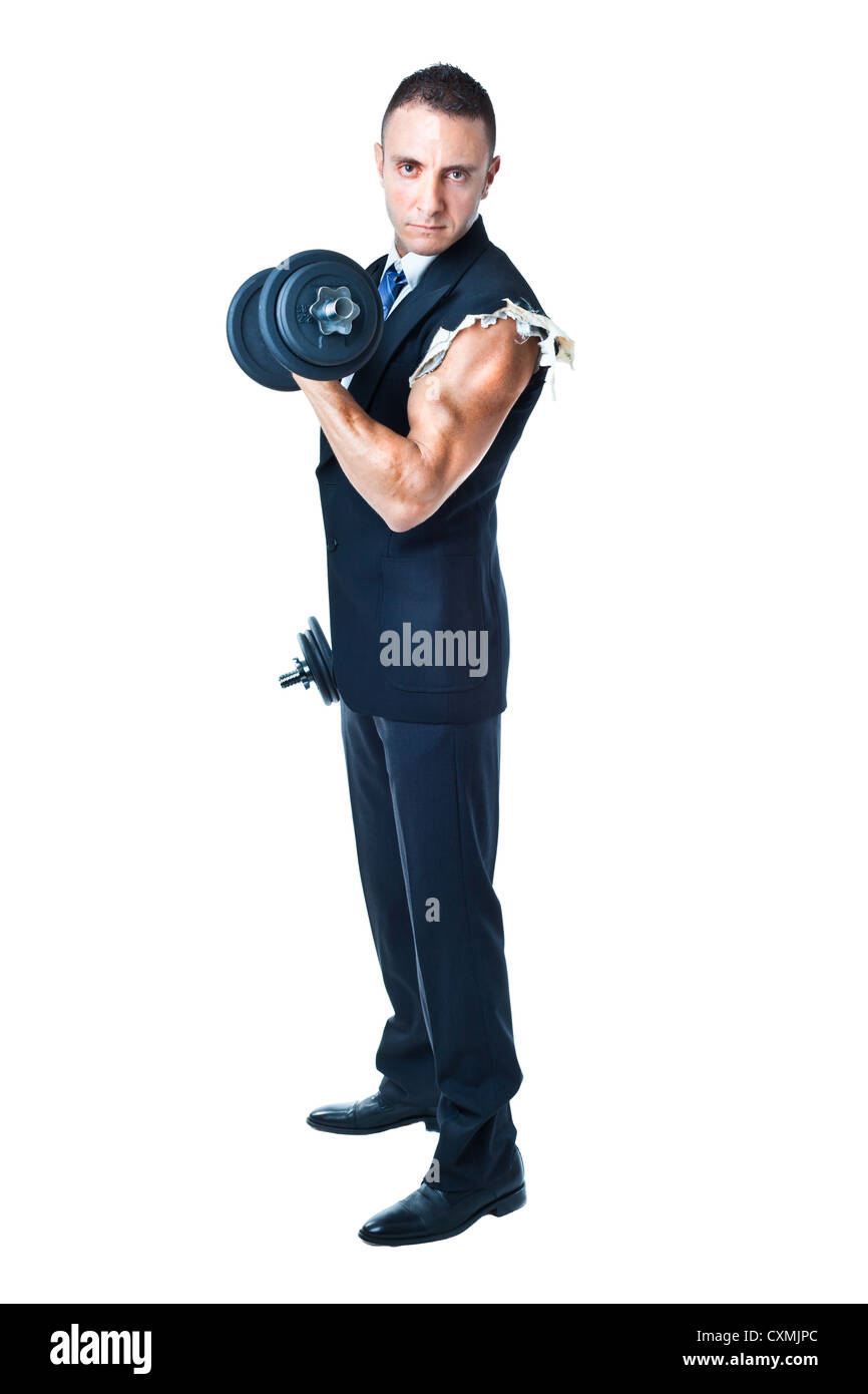 a very muscular businessman holding weights Stock Photo - Alamy