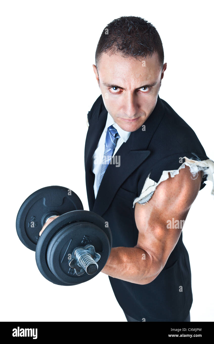 a very muscular businessman holding weights Stock Photo - Alamy