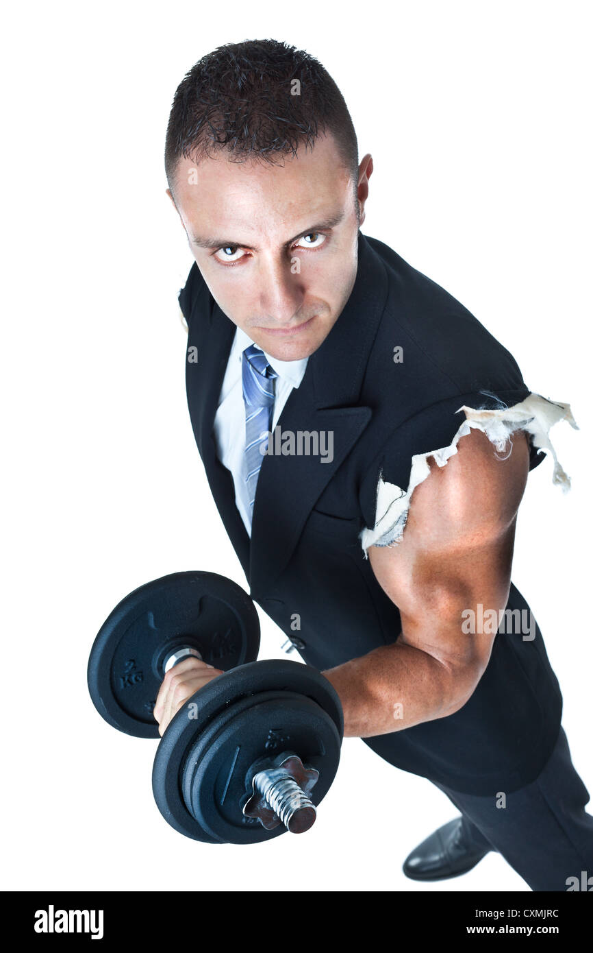 a very muscular businessman holding weights Stock Photo - Alamy