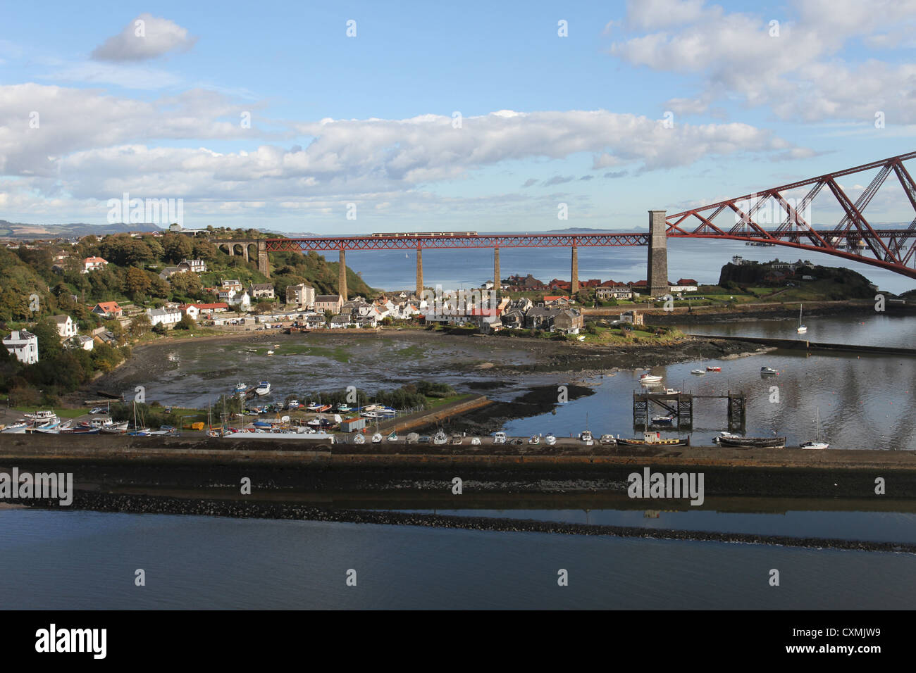 Elevated view of North Queensferry and Forth Rail Bridge Scotland ...