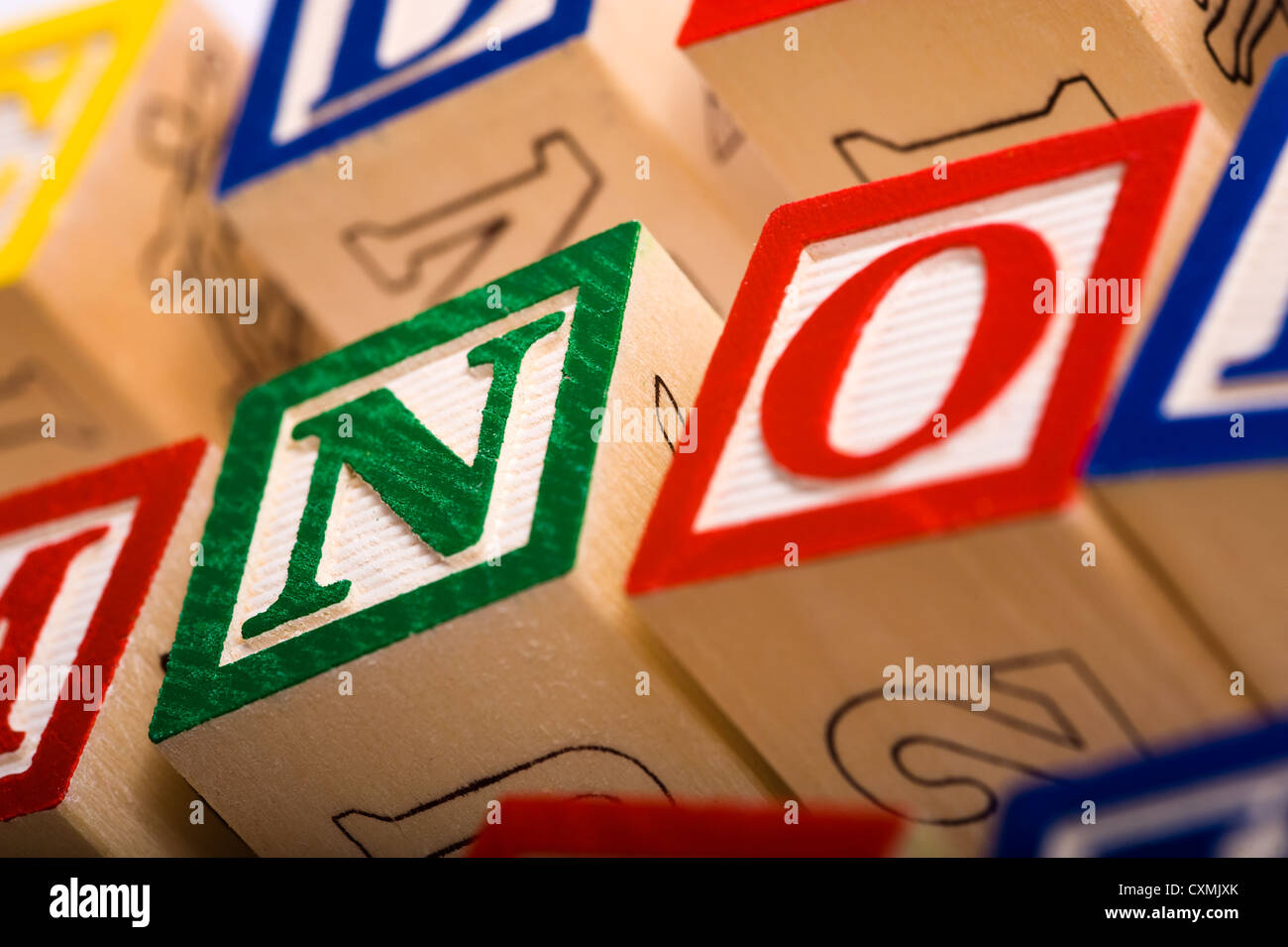 A child's alphabet blocks on a white background with the word "NO ...