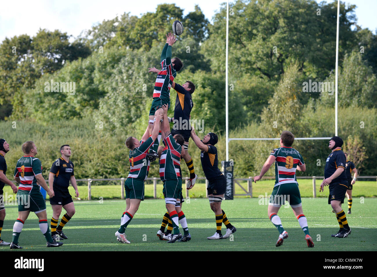 west hartlepool win the ball at a line-out in a rugby match against ...