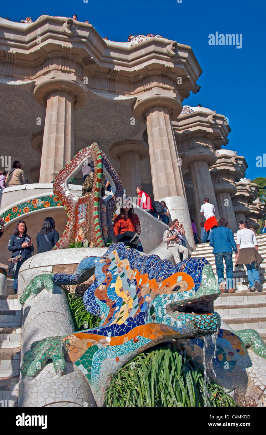 Antoni Gaudi's mosaic dragon fountain at entrance of Parc Guell in ...
