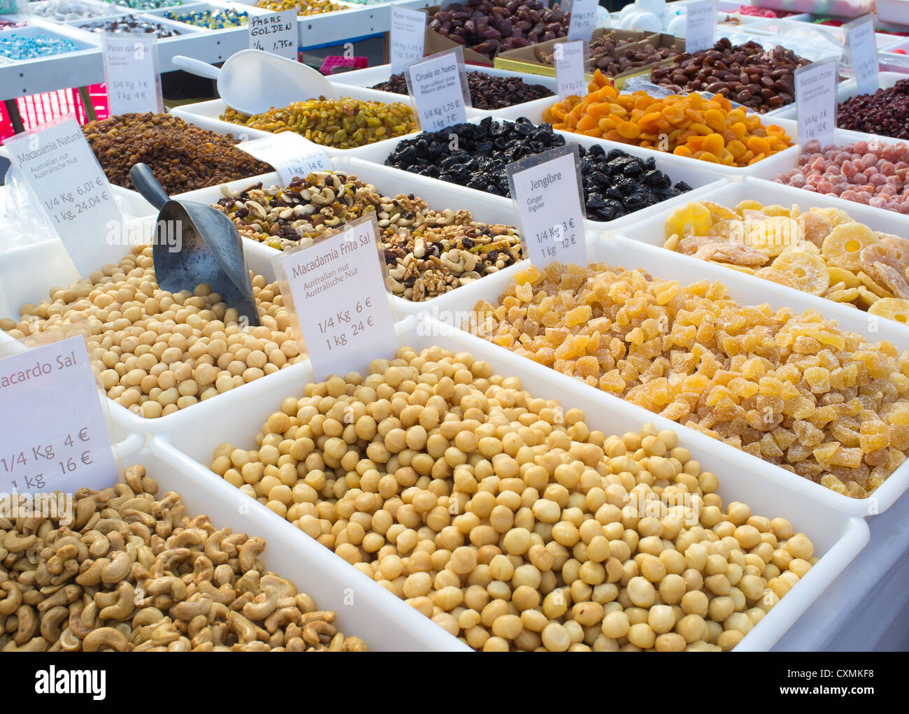 Nuts and dried fruit on display on a street market stall Stock Photo ...