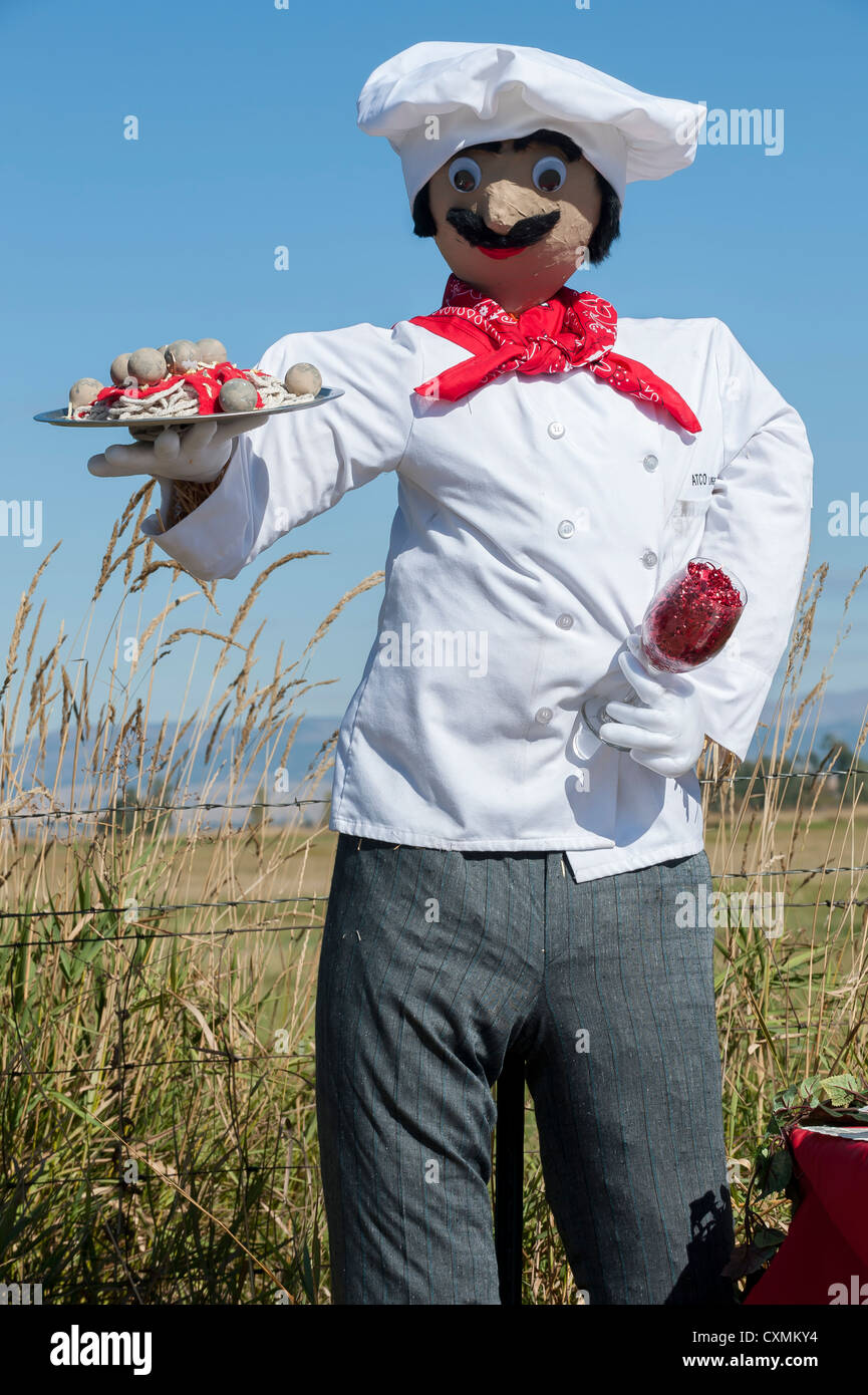 Chef scarecrow serving food and wine in Stevensville, Montana Stock ...